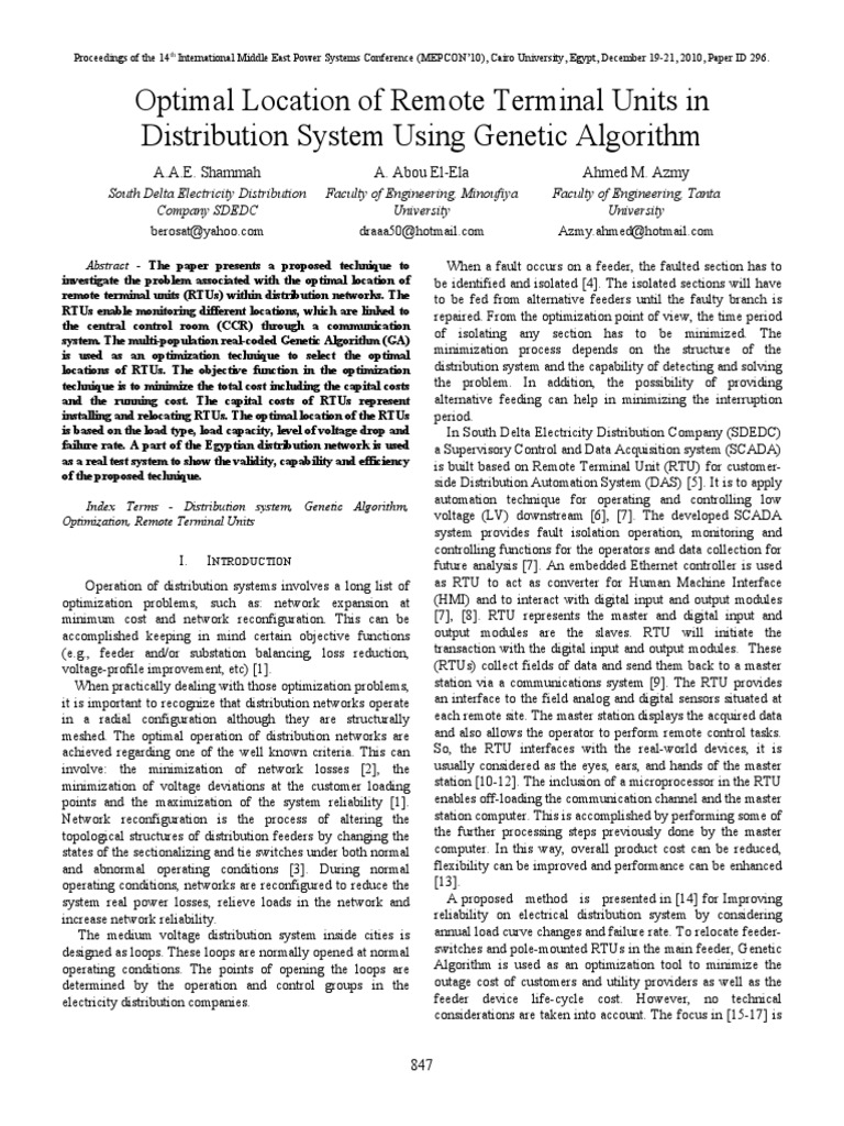 Optimal Location of Remote Terminal Units in Distribution System Using Genetic Algorithm | PDF ...