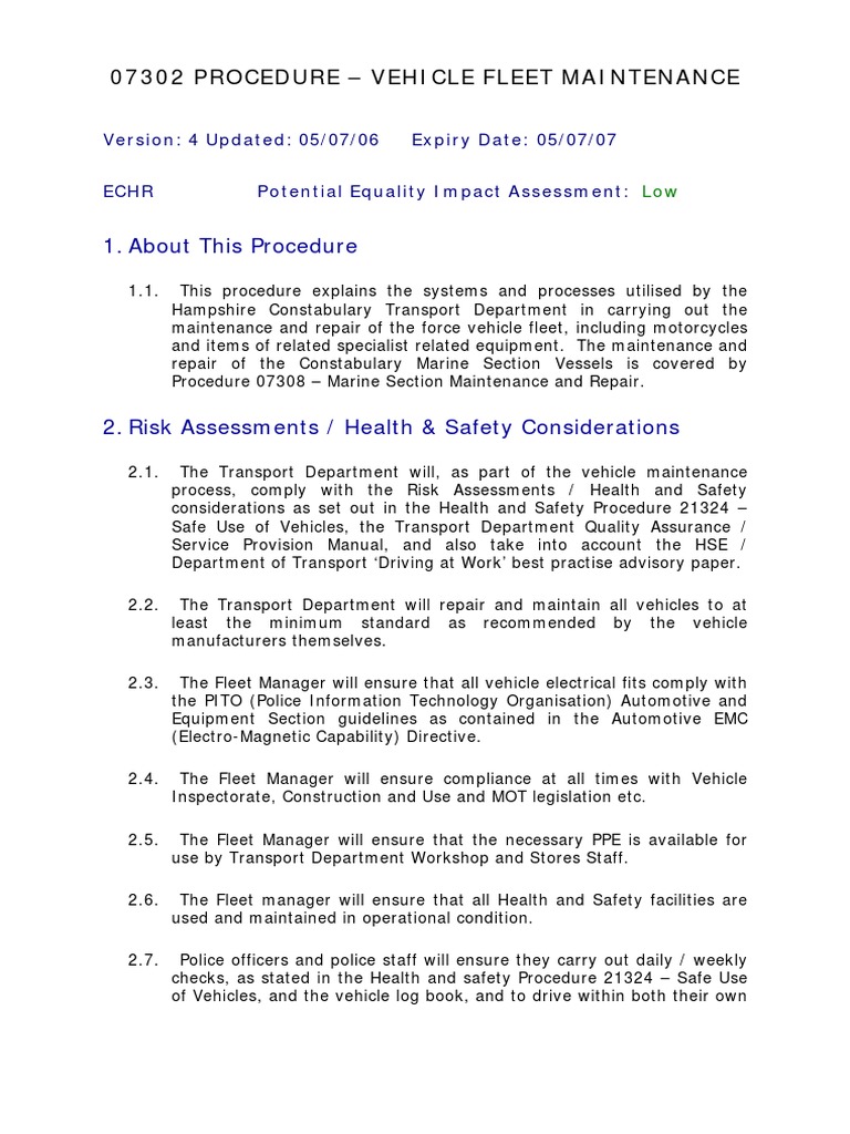 About This Procedure: 07302 Procedure - Vehicle Fleet Maintenance ...