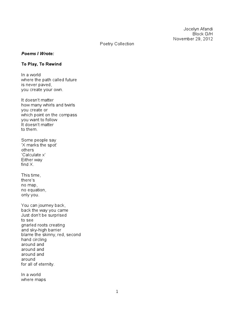 Poems I Wrote:: To Play, To Rewind | PDF | Rhyme | Poetry