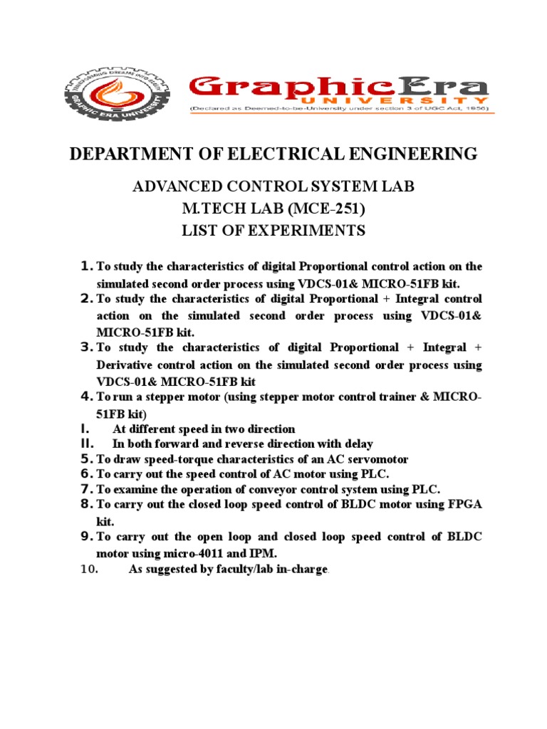 Department of Electrical Engineering: Advanced Control System Lab M ...