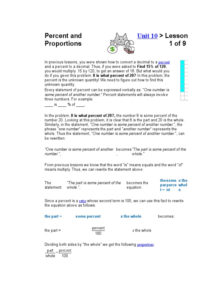 Percent and Proportions Lesson 1 of 9: Unit 10 | PDF | Area | Percentage