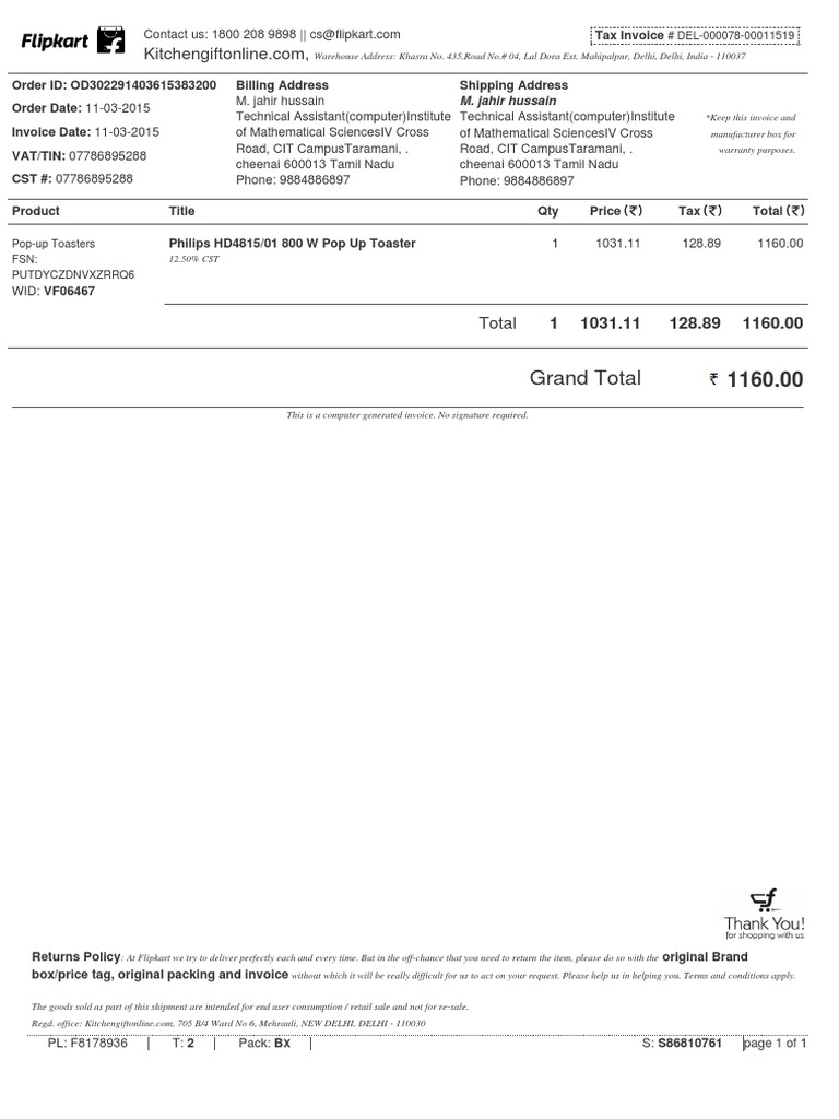 Flipkart Invoice for Order OD302291403615383200 | PDF