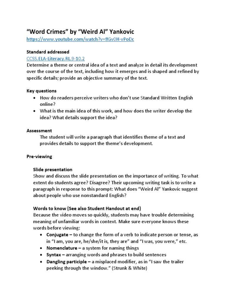 Word Crimes Lesson Plan | PDF | Style (Fiction) | Rules