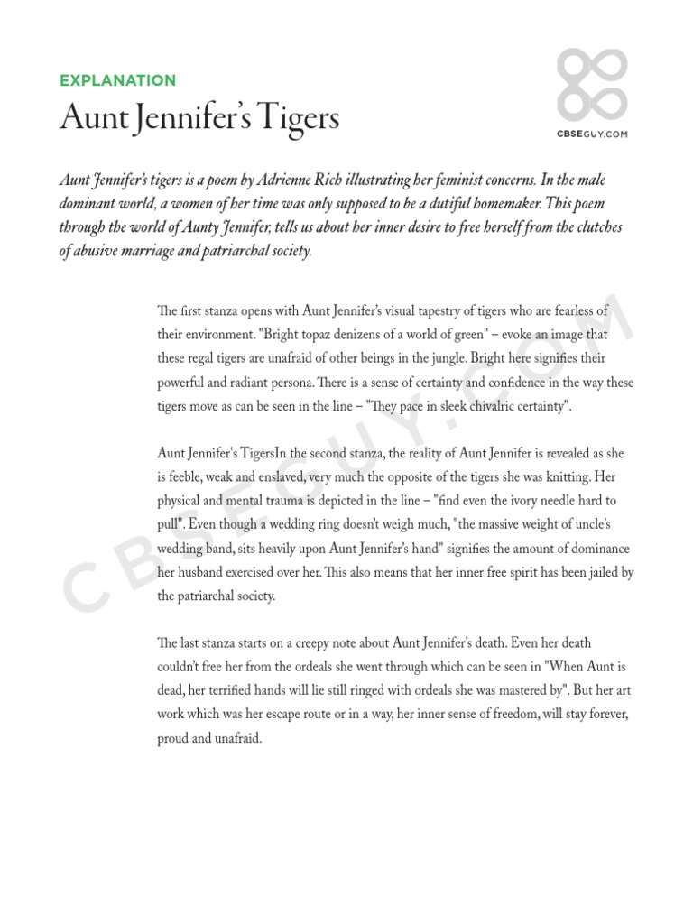 Poem Summary - Aunt Jennifer's Tigers | PDF | General Fiction