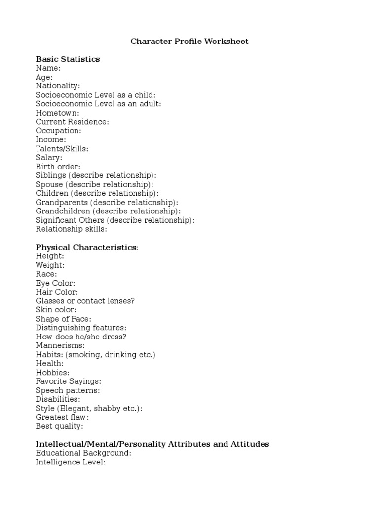 Character Profile Worksheet | PDF | Psychology | Psychological Concepts