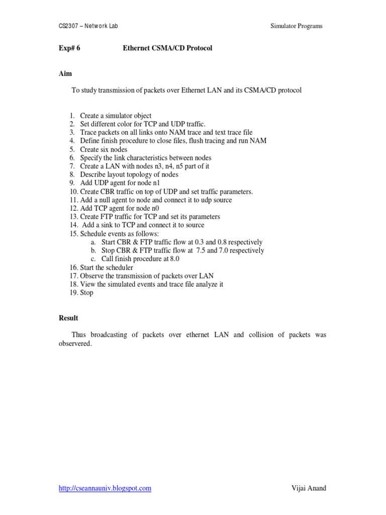 Exp# 6 Ethernet CSMA/CD Protocol: CS2307 - Network Lab Simulator ...