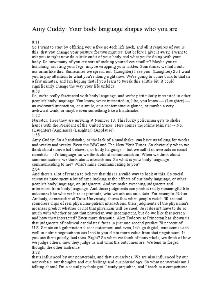 Amy Cuddy: Your Body Language Shapes Who You Are | PDF | Nonverbal ...