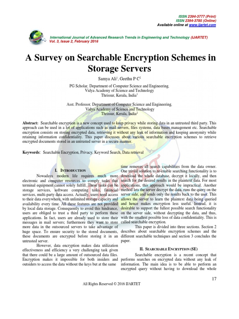A Survey On Searchable Encryption Schemes in Storage Servers | PDF | Encryption | Information ...