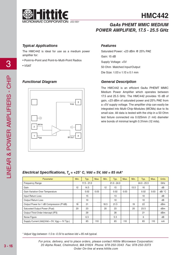 Gaas Phemt Mmic Medium Power Amplifier, 17.5 - 25.5 GHZ: Features Typical Applications | PDF ...