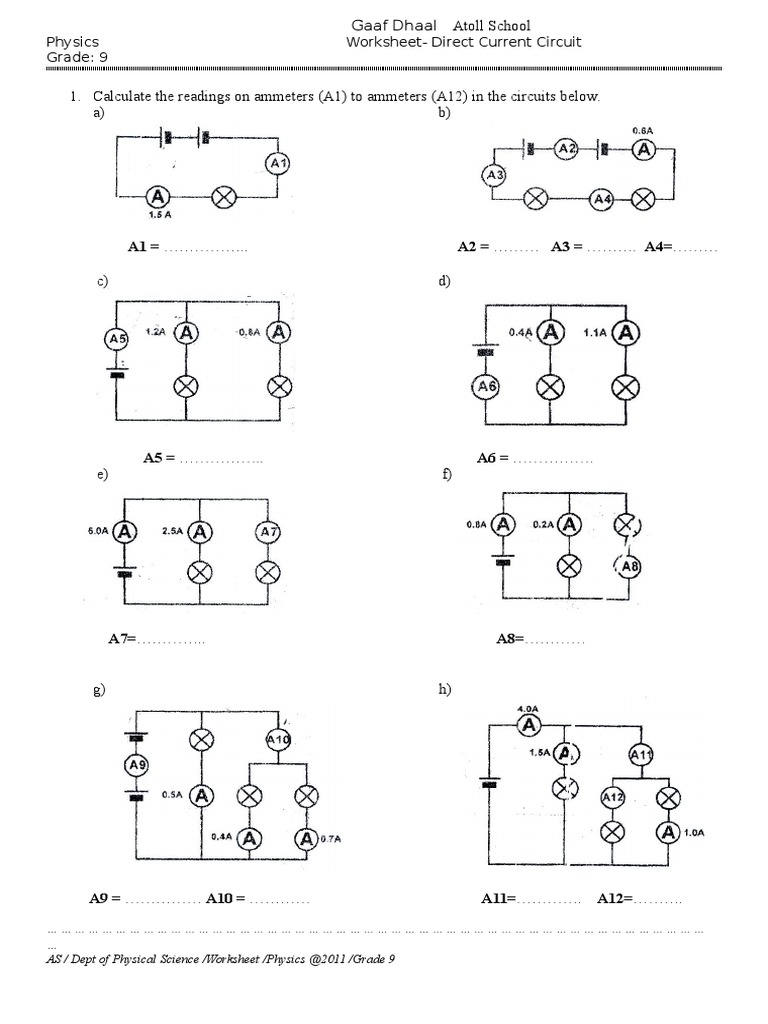 Physics Worksheet-Direct Current Circuit Grade: 9 | PDF | Science ...