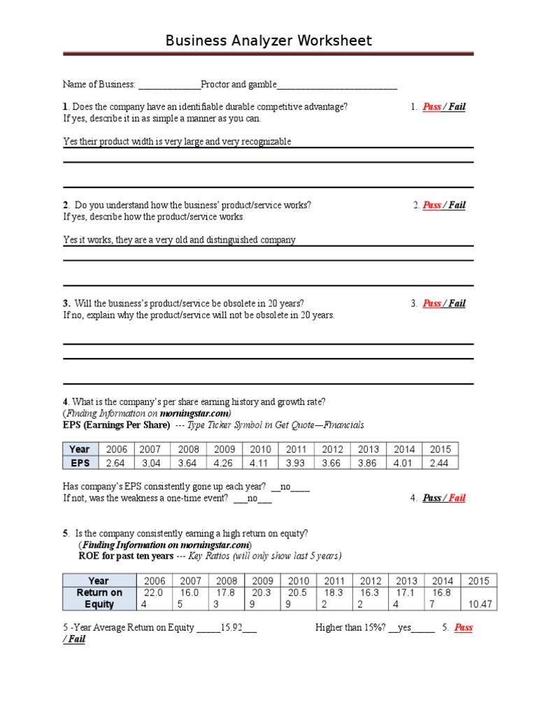 Business Analyzer Worksheet: / Fail | PDF | Price–Earnings Ratio ...