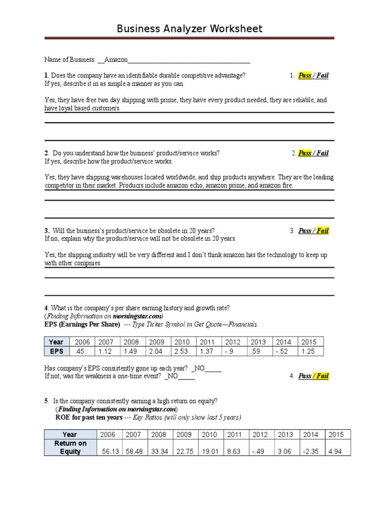 Business Analysis Worksheet 2 1 | PDF | Price–Earnings Ratio | Equity ...