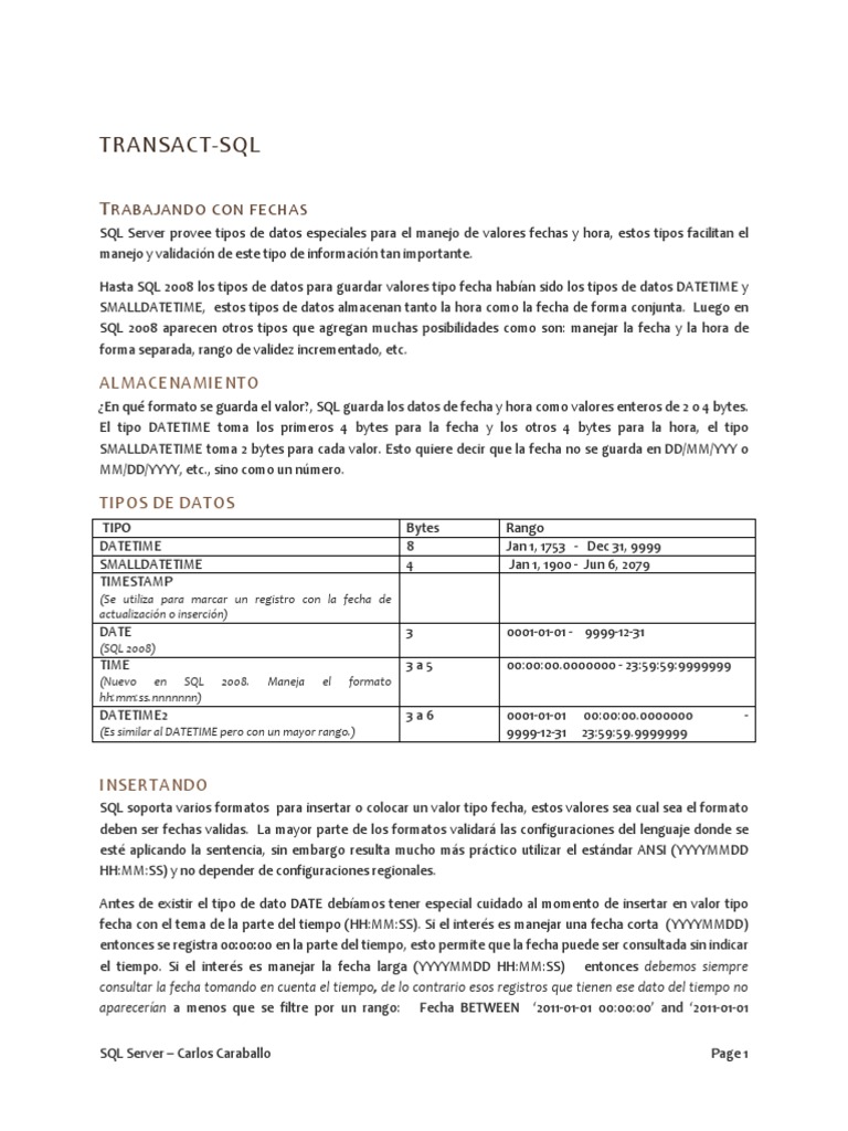 T Sql Fechas En Sql Server Descargar Gratis Pdf Sql Servidor Sql