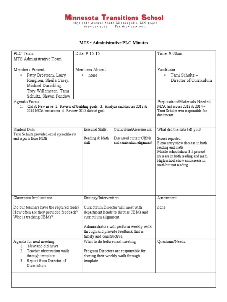 2014-2015 PLC Minutes Template | PDF