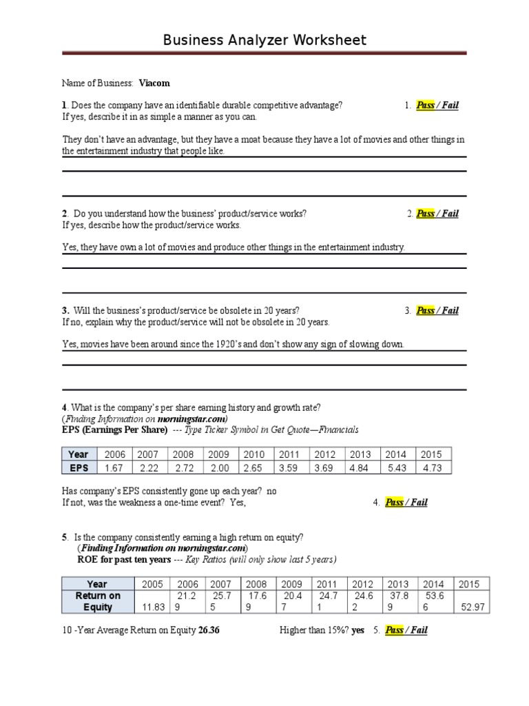 Business Analyzer Worksheet: / Fail | PDF | Price–Earnings Ratio ...