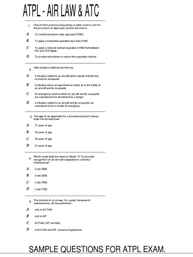 Sample Questions For Atpl Exam.: A B C D | PDF