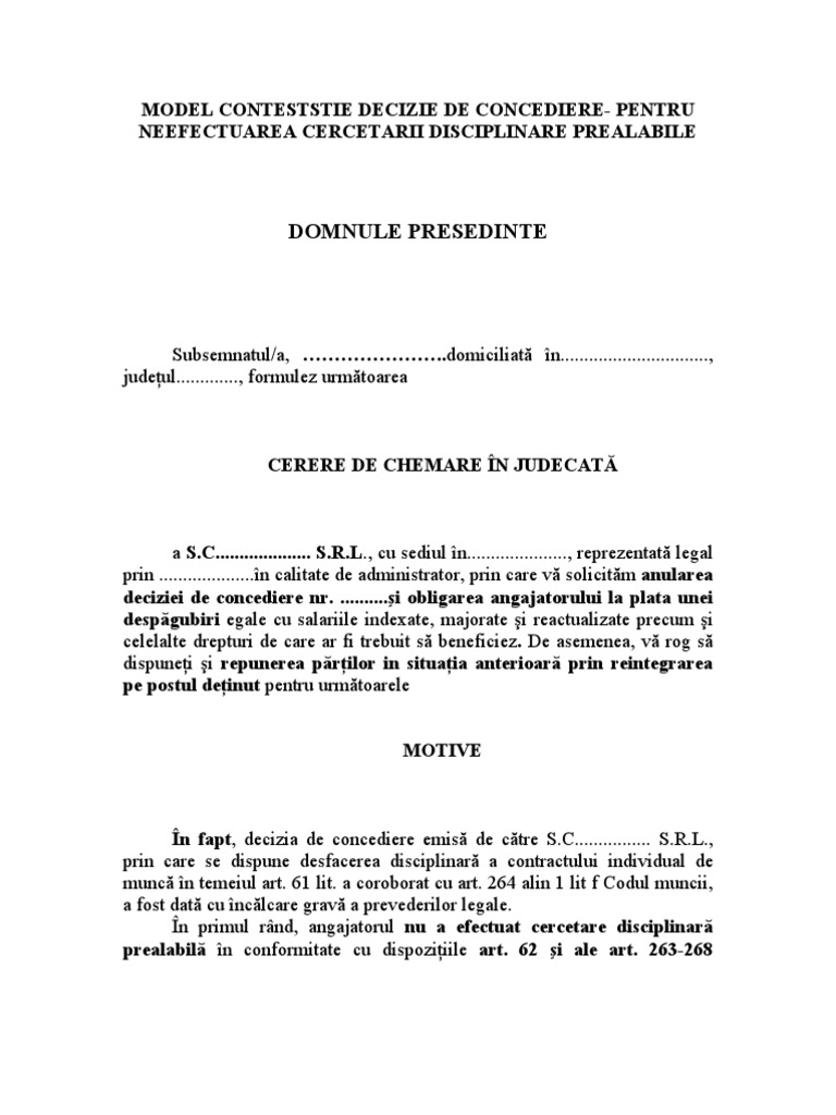 Model Contestatie Decizie de Concediere | PDF