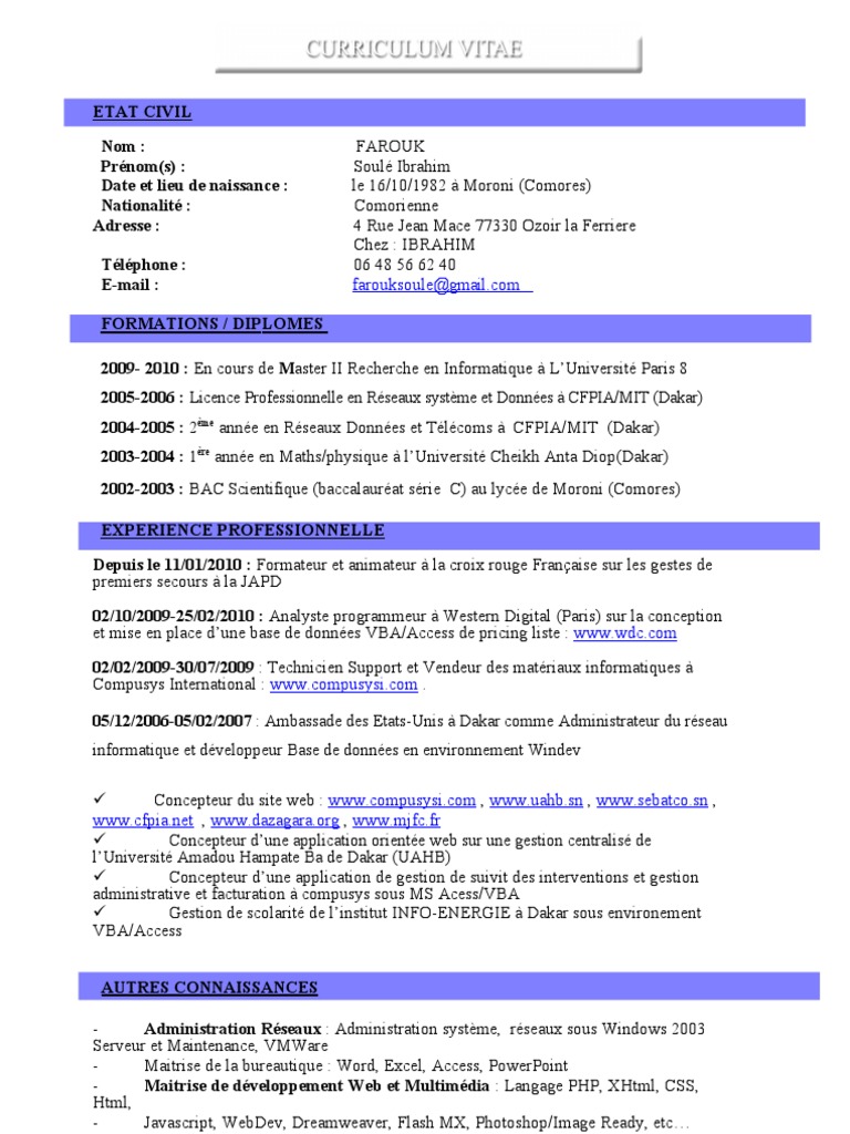 CV de Programmeur Access et Analyste | PDF | Microsoft Access | Programmeur
