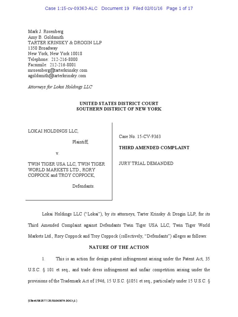 Lokai Holdings v. Twin Tiger - Complaint | PDF | Trade Dress | Patent ...