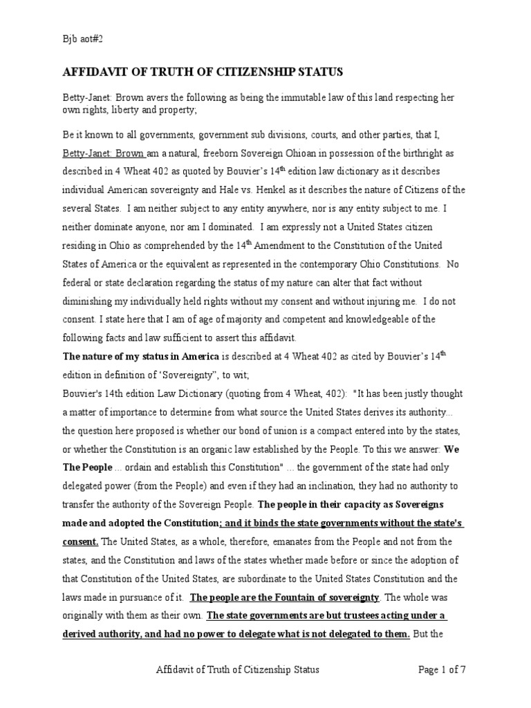 Affidavit of Sovereign Citizenship Status | PDF | Citizenship | United ...