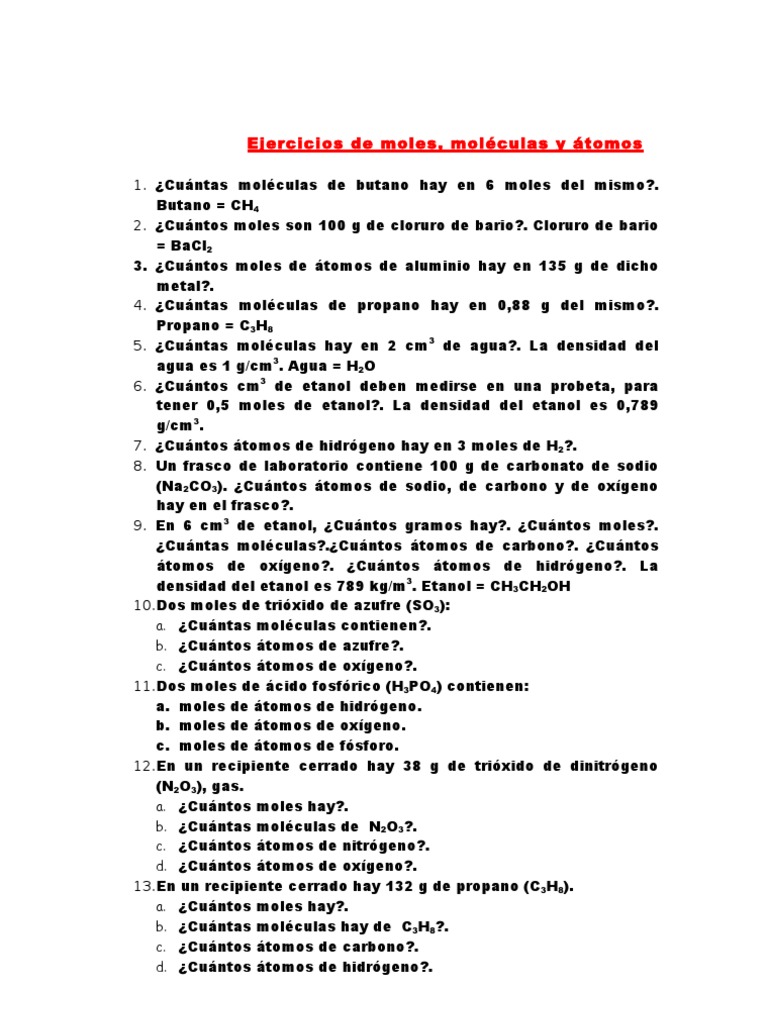 Ejercicios de moles y moléculas | PDF