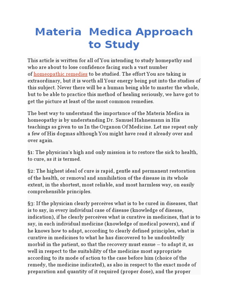 Materia Medica Approach To Study | PDF | Homeopathy | Medicine
