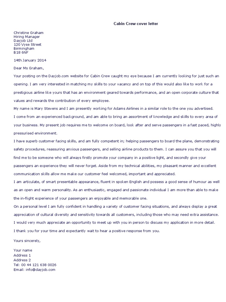 Cabin Crew Cover Letter | PDF | Flight Attendant | Business