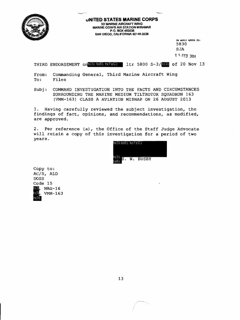 USMC Command Investigtion Into 26 Aug 2013 MV-22 Class A Mishap | PDF ...