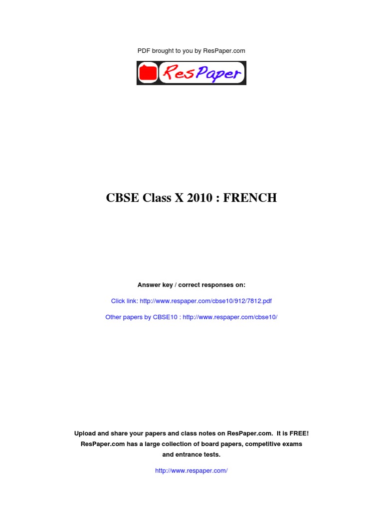 CBSE Class X 2010: FRENCH: Answer Key / Correct Responses On | PDF