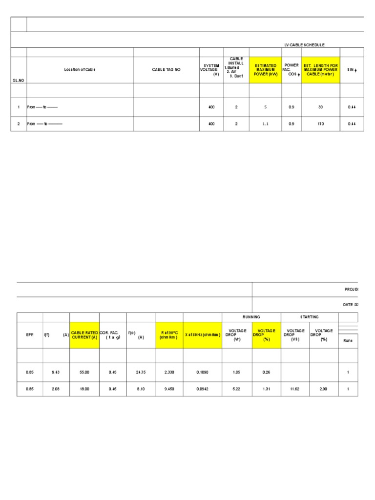 LV Cable Sizing Calculation | PDF | Power (Physics) | Force