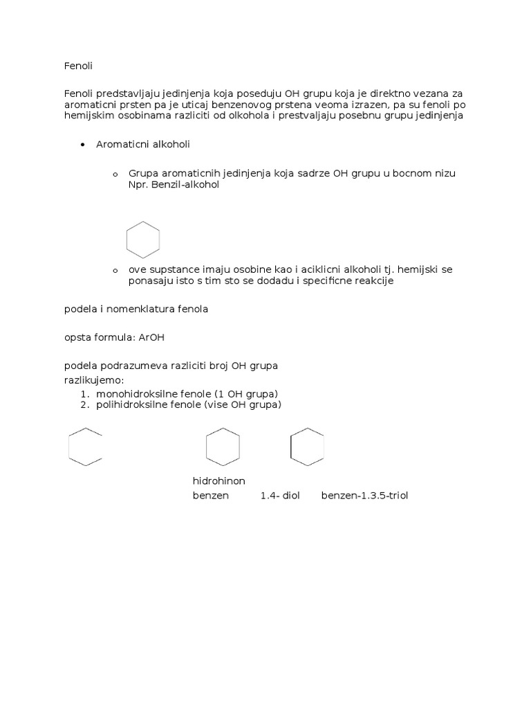 Fenoli, Organska Hemija 3. Razred | PDF