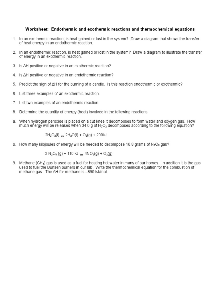 Endothermic And Exothermic Reactions Worksheet