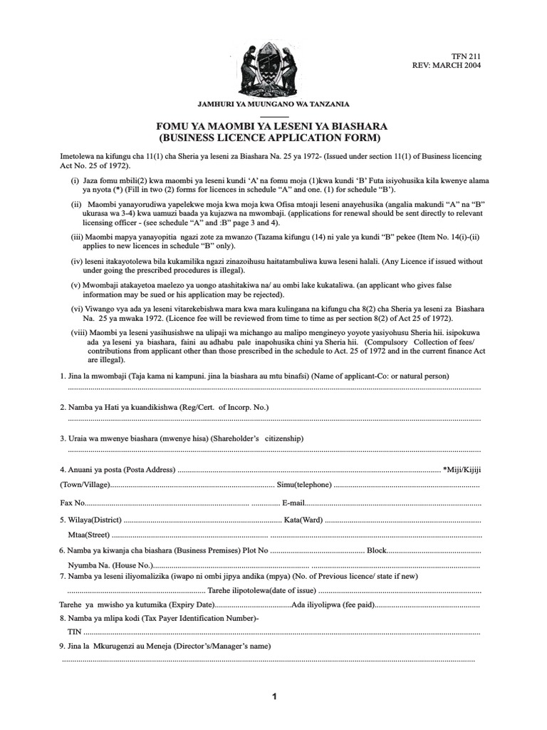 Fomu Ya Maombi Ya Lesseni a4