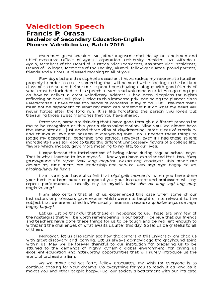 Valediction Speech Francis Orasa | PDF | Academia
