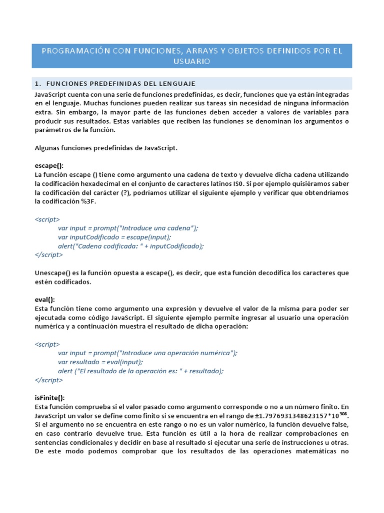 Programacion Con Funciones Arrays y Objetos Definidos Por El Usuario | PDF | Script Java ...