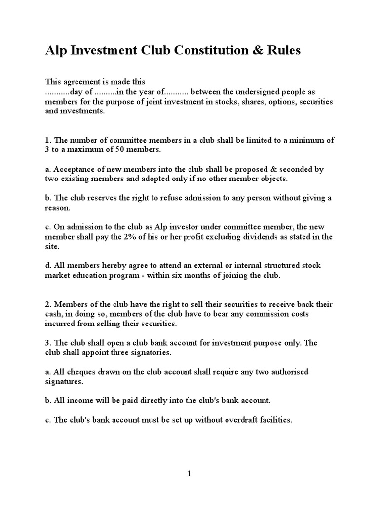 Alp Investment Club Constitution | Stocks | Securities (Finance)