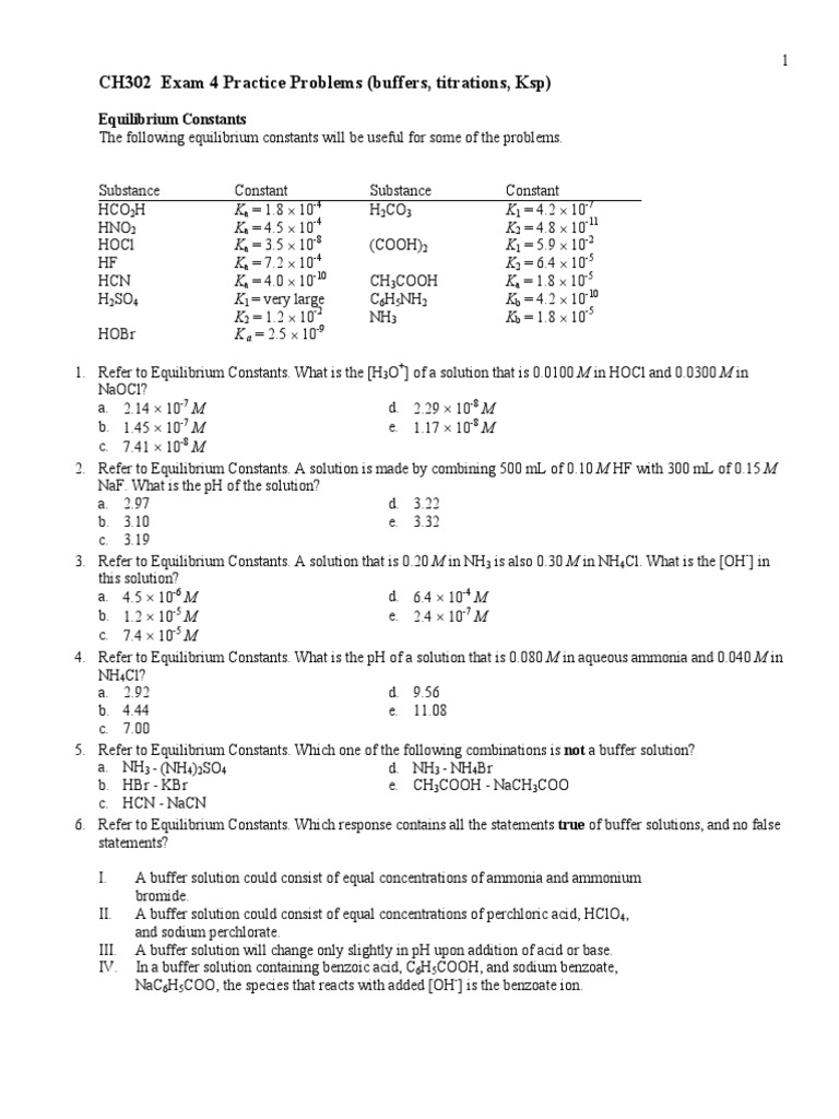 Gen Chem II EX 4 Practice Problems Sp08 | PDF | Buffer Solution | Titration