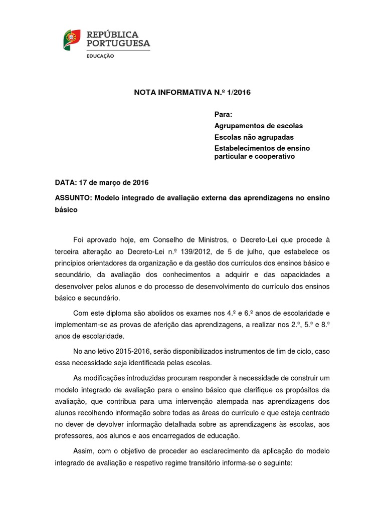 Nota Informativa 1 2016 Avaliação Alunos | Portugal | Escolas ...