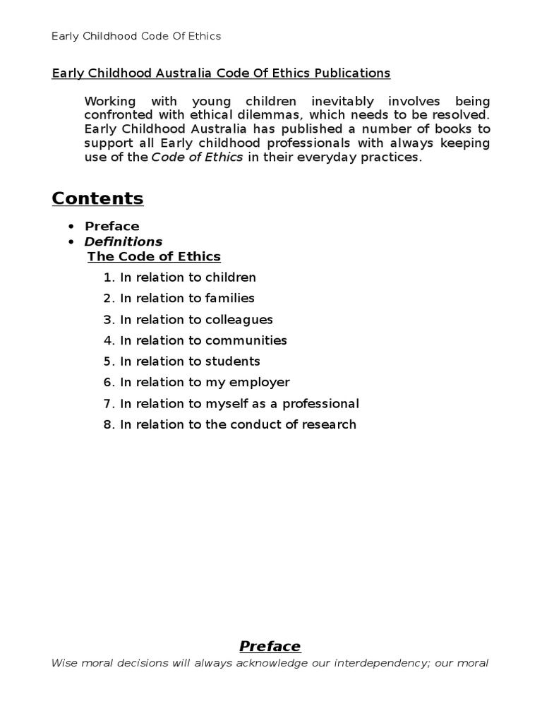 Early Childhood Australia Code of Ethics Publications | PDF | Community ...