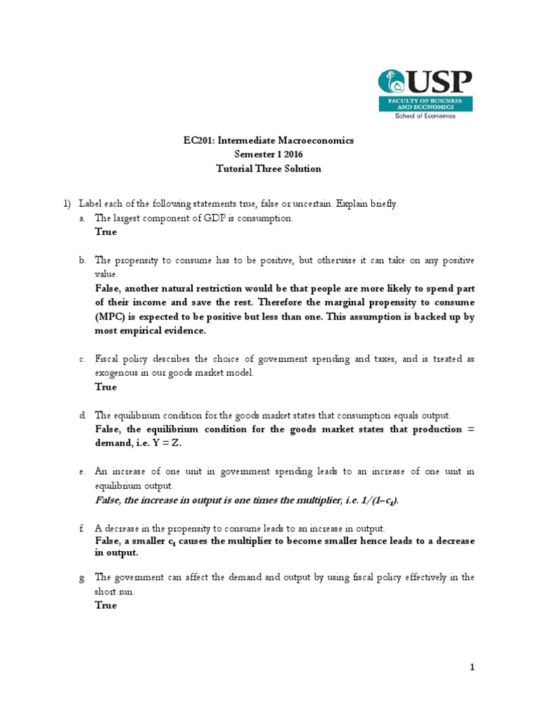 EC201 Tutorial Exercise 3 Solution | PDF | Fiscal Multiplier | Output (Economics)