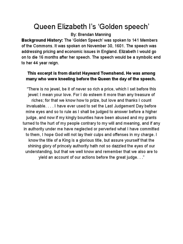 Elizabeth I's Golden Speech Analysis | PDF