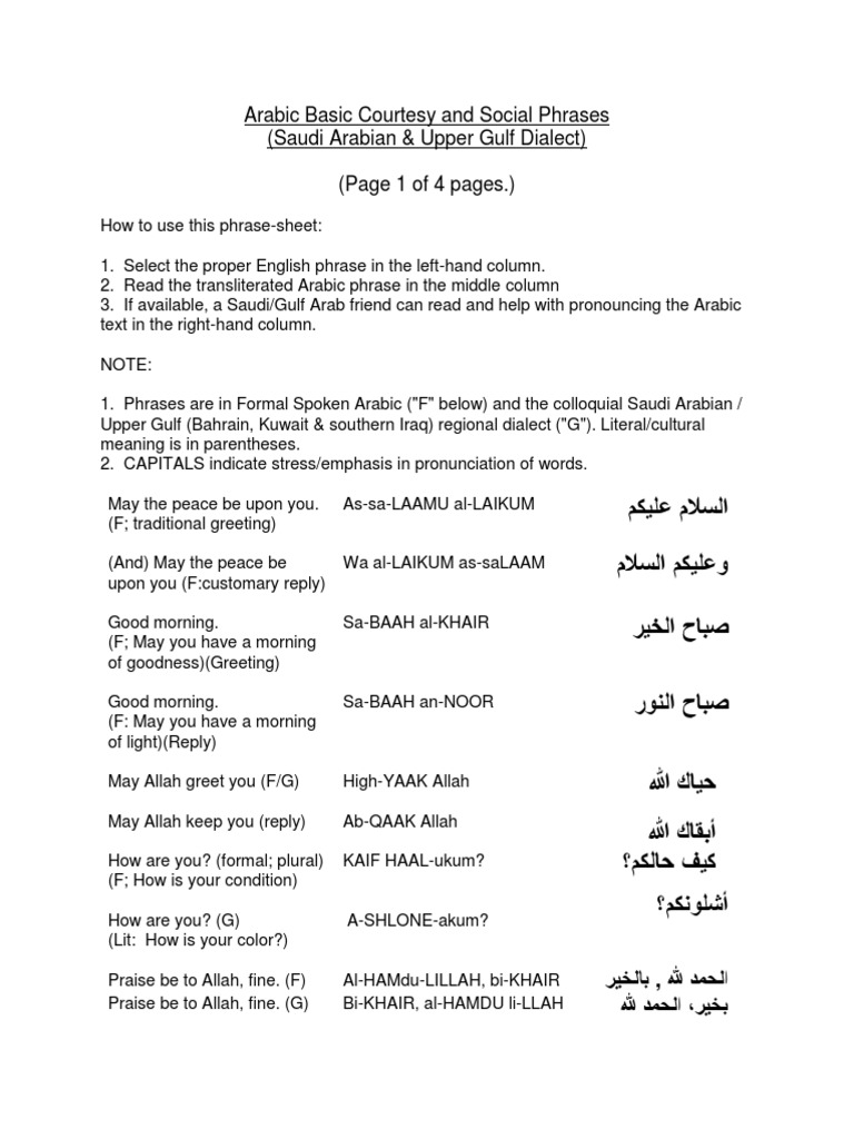 Arabic - Saudi & Upper Gulf Dialects - Basic Courtesy Phrases (4 PP ...