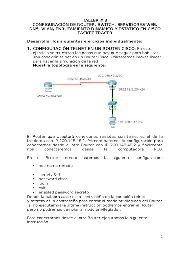 Taller 3 Configuración Router y Switch en Cisco Packet Tracer | PDF | Enrutador (Computación ...