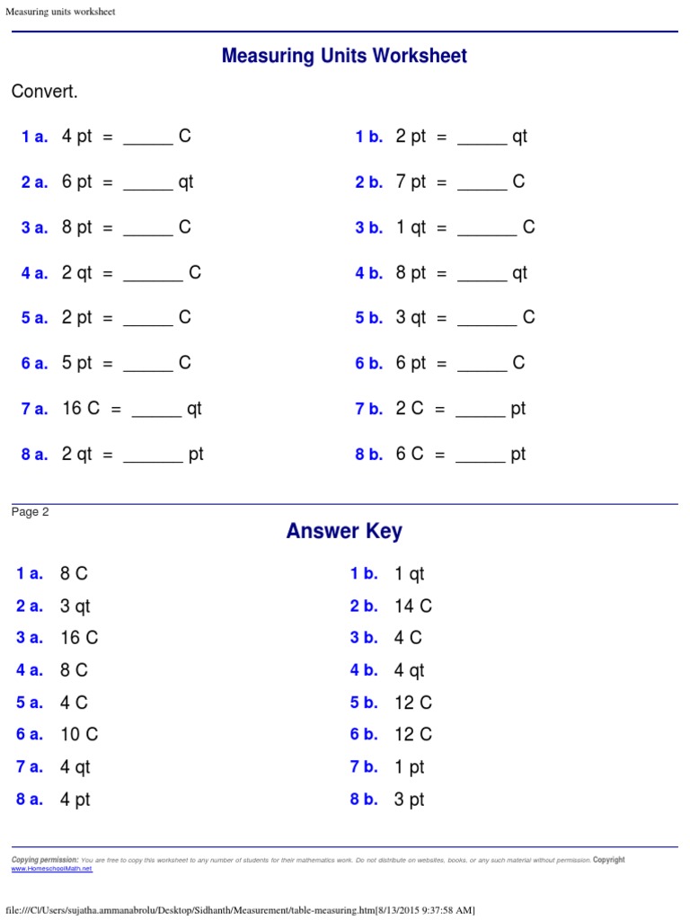 Measuring Units Worksheet: Answer Key | PDF | Computers | Technology ...