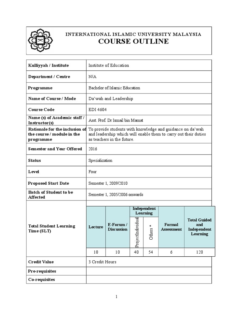 Da'wah and Leadership Course Outline | PDF | Educational Assessment ...