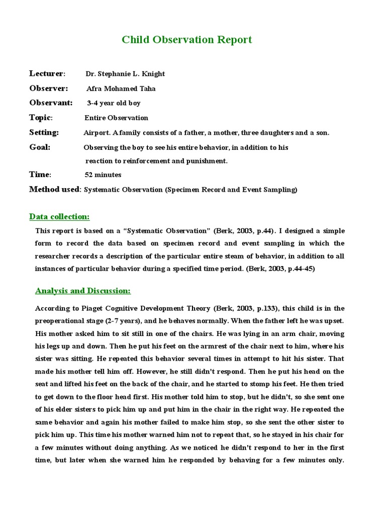 Child Observation Report | PDF | Chair | Reinforcement