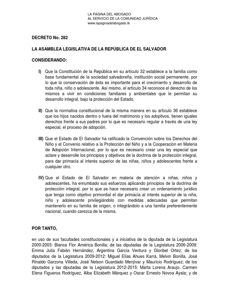 Ley Especial de Adopciones. Decreto No. 282 | PDF | Adopción | Familia