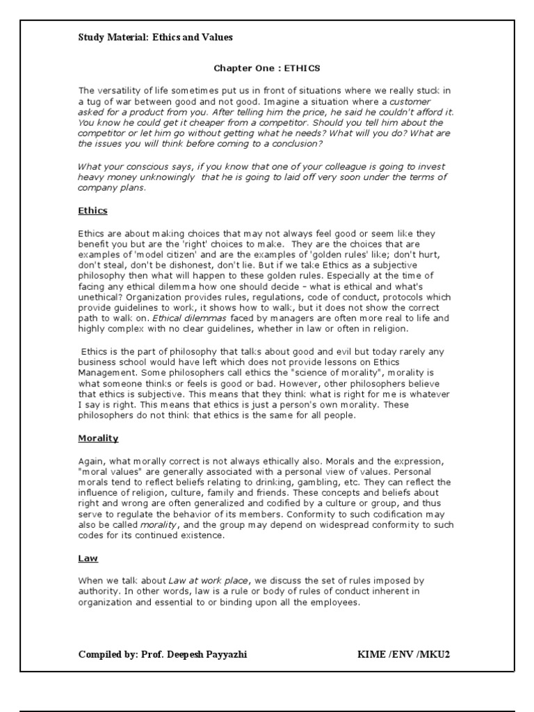 Study Material: Ethics and Values | PDF | Morality | Value (Ethics)