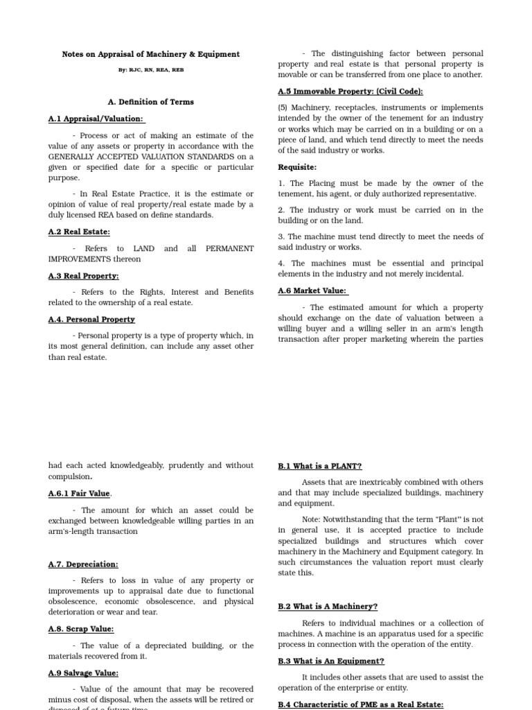 Notes On Appraisal For Machinery and Equipment | PDF | Real Estate ...