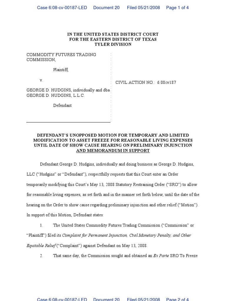 Motion to Modify Asset Freeze | PDF | Injunction | Complaint